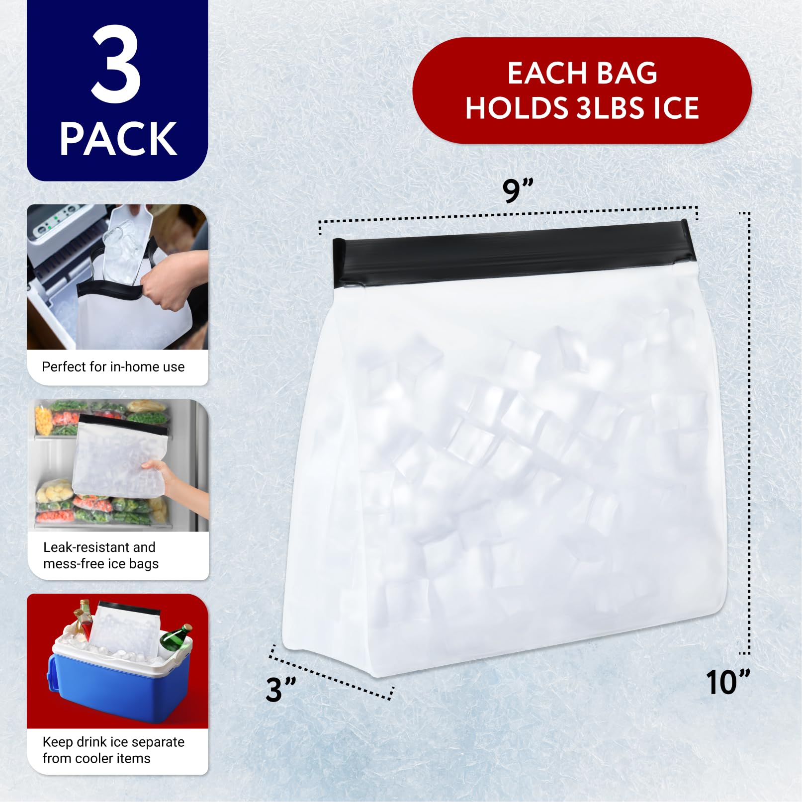 [3 Pack] Reusable Ice Bag Set with Secure Zip Close Design - Durable Ice Bags for Ice Machine Models & Fridges - 10”x9”x3” Ice Storage Bags - Leak Proof Ice Bags Reusable Design - 9lb Total Capacity