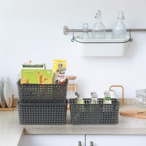 Bringer Plastic Storage Baskets Bins with Lid, Small Storage Organizer Bin, 6 Pack, Gray