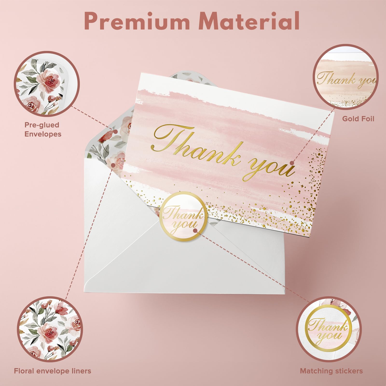 30 Thank You Cards with Envelopes Blank Gold Foil&Watercolor Bulk Box Set with Elegant Floral Envelopes &Stickers for Wedding, Baby Shower, Bridal Shower, Business, Anniversary - 4" x 6"