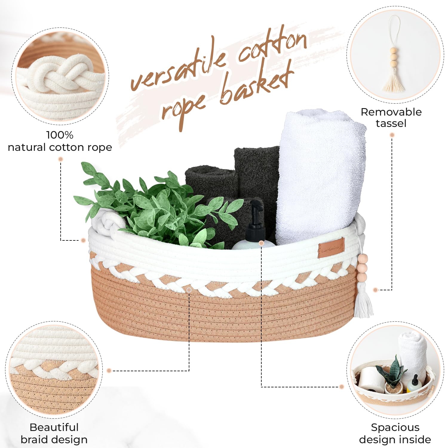 Bathroom Basket - Spacious Toilet Paper Basket for Back of Toilet - 14" x 6.5" x 5" Back of Toilet Basket - Toilet Basket Tank Topper w/Removable Tassel - Braided Toilet Tank Basket w/Knot Handles