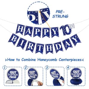 Vicycaty PRE-STRUNG 10th Birthday Decorations for Boys Girls, Happy 10th Birthday Banner Hanging Swirls Honeycomb Centerpieces Blue, 10 Years Old Birthday Party Photo Booth Backdrop Decor Supplies