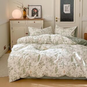 nayoroom floral duvet cover queen size 100% cotton reversible green botanical leaf printd on white comforter cover 3 pieces soft breathable spring cottagecore bedding set with zipper closure