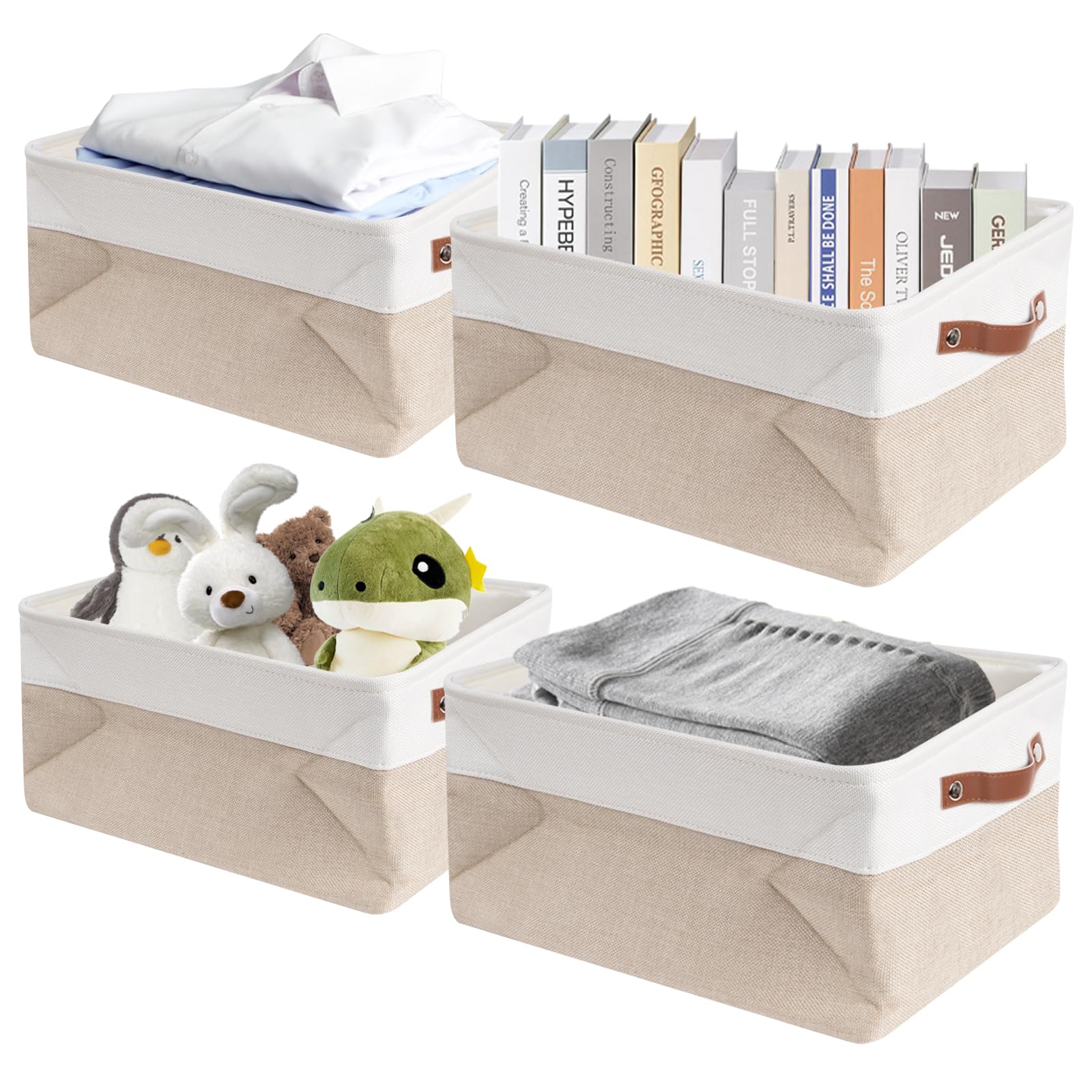 SNWDN 4 Pack Large Fabric Storage Baskets for Organizing Collapsible Fabric Storage Bins with Handles for Organizing,Shelf,Clothes,Home, Office,Nursery(White/Beige 16x12x8 Inches)