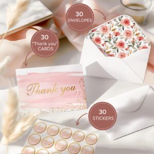 30 Thank You Cards with Envelopes Blank Gold Foil&Watercolor Bulk Box Set with Elegant Floral Envelopes &Stickers for Wedding, Baby Shower, Bridal Shower, Business, Anniversary - 4" x 6"