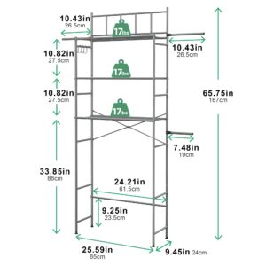 MallCreaty Over The Toilet Storage, 3 Tier Bathroom Organizer Shelf with X-Shaped Bar, Above Toilet Storage Rack with 4 Hooks, Grey