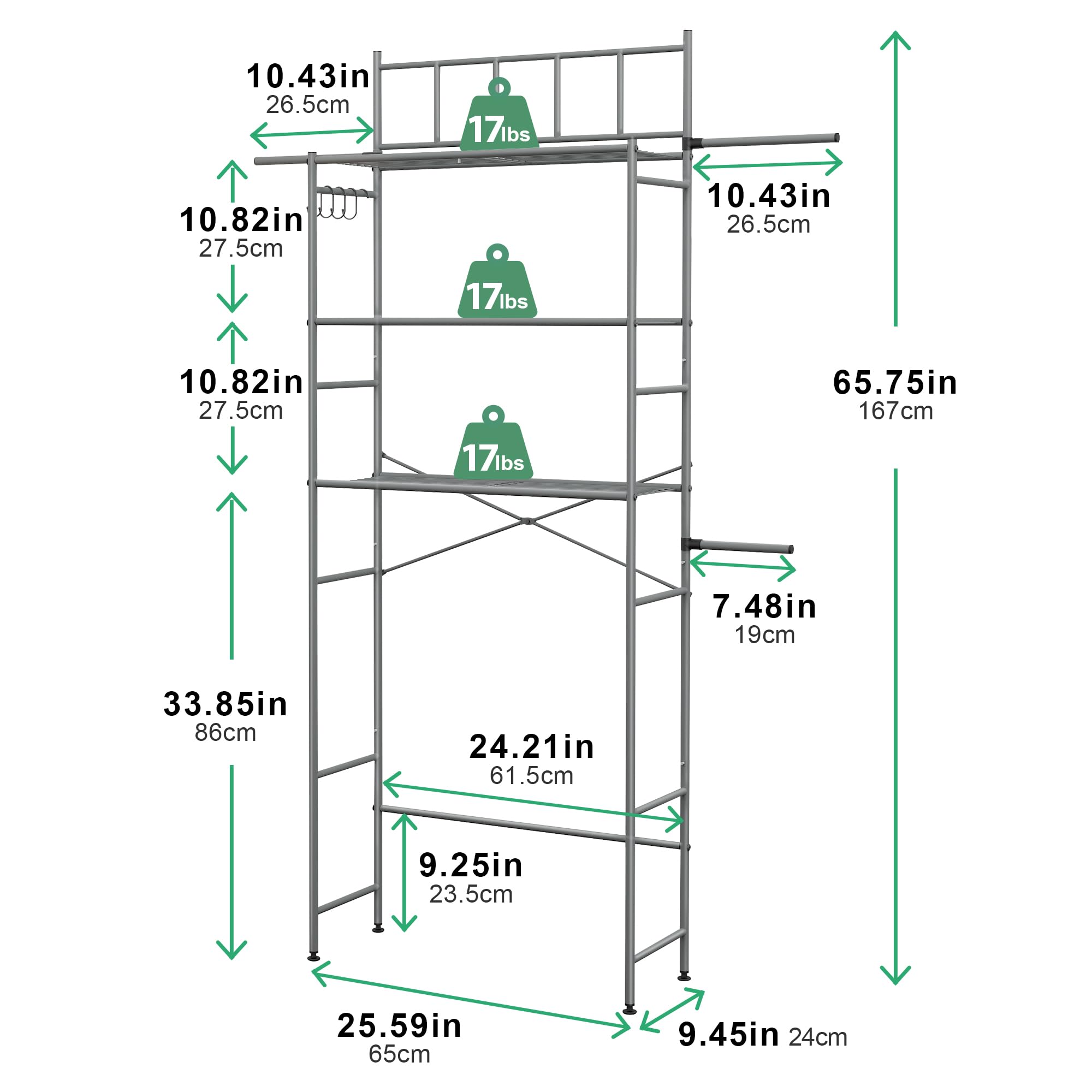 MallCreaty Over The Toilet Storage, 3 Tier Bathroom Organizer Shelf with X-Shaped Bar, Above Toilet Storage Rack with 4 Hooks, Grey