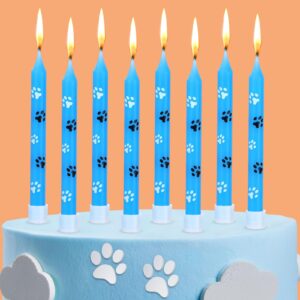 threlaco 12 pcs blue dog paw print themed birthday candles blue dog cupcake topper for boys girls dog paw prints party supplies baby shower pet puppy cat party decorations