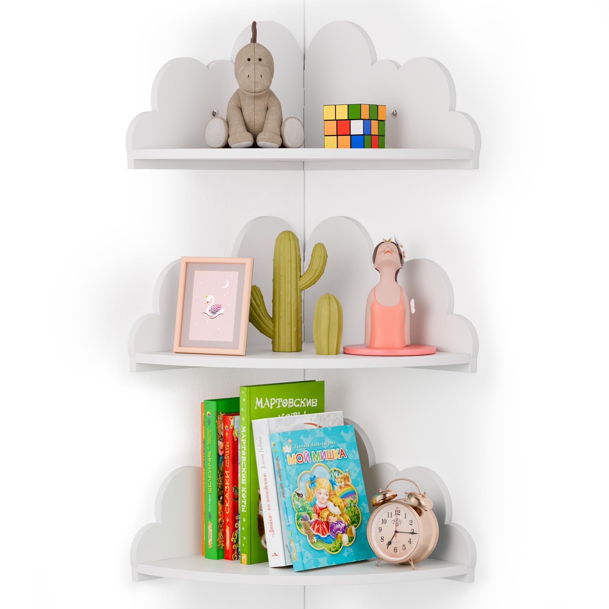 Beskadi Cloud Floating Corner Shelves - Set of 3 Cloud Corner Wall Shelves for Kid’s Room, White Corner Shelf Nursery Wall Deor, Small Cute Cloud Dispaly Shelf Wall Mounted for Toys, Plants & Storage.