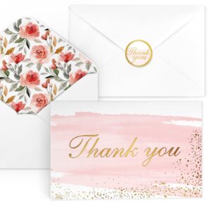 30 thank you cards with envelopes blank gold foil&watercolor bulk box set with elegant floral envelopes &stickers for wedding, baby shower, bridal shower, business, anniversary - 4" x 6"