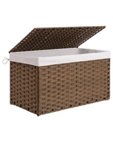 storageworks storage basket with lid, 160 liter storage box, wicker blanket storage basket with handles, foldable, removable fabric liner, metal frame, for bedroom, laundry room, brown