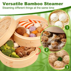 Novellaire 8-Inch Bamboo Steamer - 2 Tier Cooking Basket with Handles, Includes 2 Cotton Liners, 2 Dumpling Molds, 4 Pairs Chopsticks & 4 Sauce Dishes