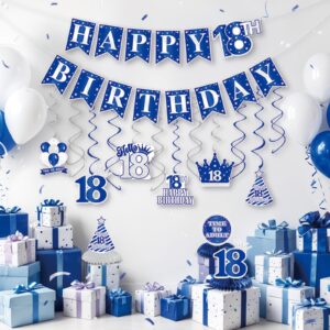 Vicycaty PRE-STRUNG 18th Birthday Decorations for Men, Happy 18th Birthday Banner Hanging Swirls Honeycomb Centerpieces Tabletop Blue, 18 Years Old Birthday Party Photo Booth Backdrop Decor Supplies