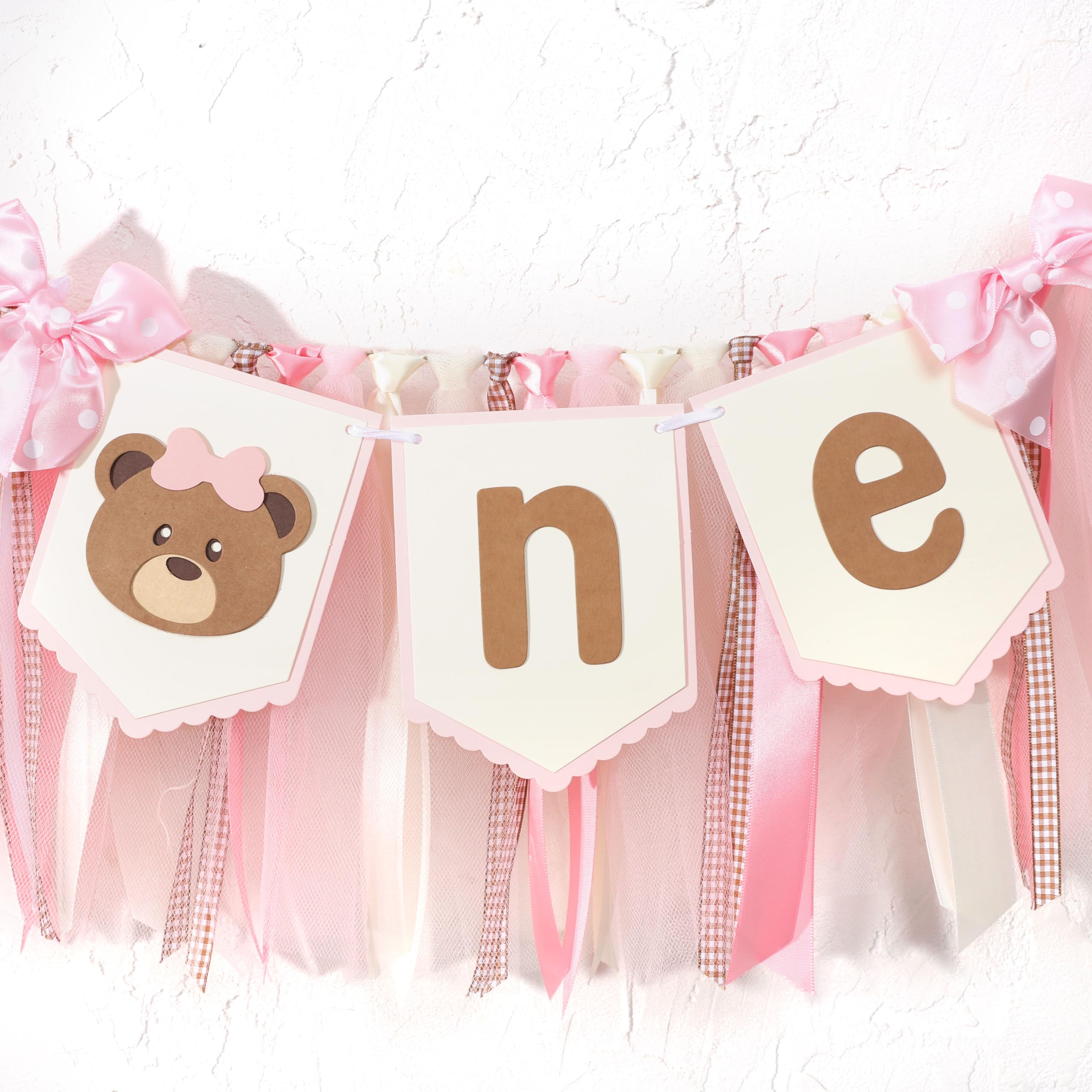 Bear Pink Ribbon One Highchair Banner - Girls 1st Birthday Party Decorations,Teddy Bear First Birthday High Chair Banner, One Woodland Camping Party Banner, Princess Bear 1st Birthday Photo Prop