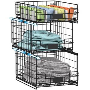 3 pack sliding closet organizers and storage, stackable closet storage shelves, pull out clothes storage organizer baskets/containers/drawers with dividers for wardrobe (black-sturdy wire metal frame)