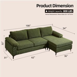 POUUIN 100" Corduroy Convertible Sectional Sofa Couches for Living Room,3 Seater L Shaped Sofa Couch with Reversible Chaise,Comfy Deep Seat Sofa for Office Apartment (Green)