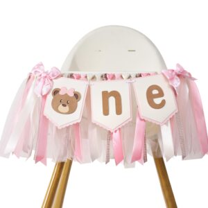 bear pink ribbon one highchair banner - girls 1st birthday party decorations,teddy bear first birthday high chair banner, one woodland camping party banner, princess bear 1st birthday photo prop