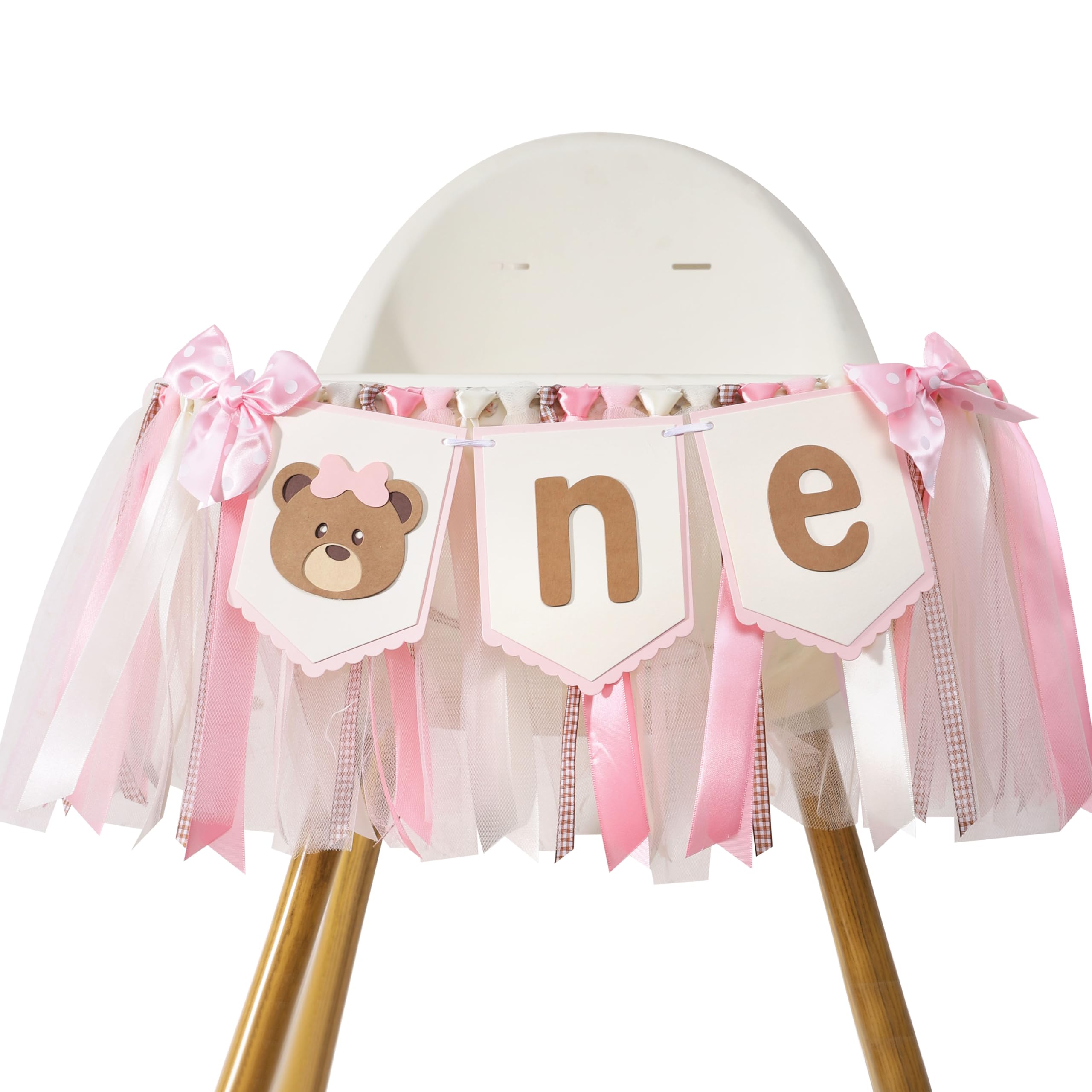 Bear Pink Ribbon One Highchair Banner - Girls 1st Birthday Party Decorations,Teddy Bear First Birthday High Chair Banner, One Woodland Camping Party Banner, Princess Bear 1st Birthday Photo Prop