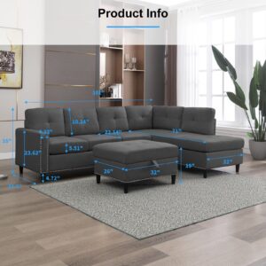 PUREMIND Modular Sectional Sofa, Convertible L Shaped Sectional Couches with Reversible Storage Ottoman for Living Room, Linen 5 Seats U Shaped Sofa Sleeper with Cup Holder (Dark Grey)