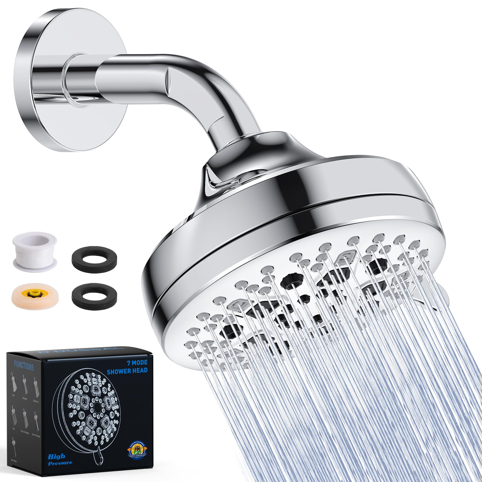 D DUSSAL Shower Head High Pressure 7-Spray Setting 4.7" High Flow Fixed Showerheads Rain Showerhead with Chrome Plated Finish, 360°Adjustable Brass Swivel Ball, Anti-Clogging Silicone Nozzles Joint