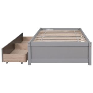 Twin Size Bed Frame with 2 Storage Drawers,Twin Kids Bed,Solid Wood Platform Bed Twin for Kids, Teens, Adults, Grey