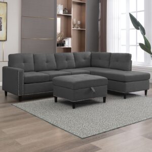 PUREMIND Modular Sectional Sofa, Convertible L Shaped Sectional Couches with Reversible Storage Ottoman for Living Room, Linen 5 Seats U Shaped Sofa Sleeper with Cup Holder (Dark Grey)