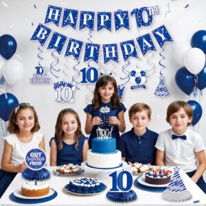 Vicycaty PRE-STRUNG 10th Birthday Decorations for Boys Girls, Happy 10th Birthday Banner Hanging Swirls Honeycomb Centerpieces Blue, 10 Years Old Birthday Party Photo Booth Backdrop Decor Supplies