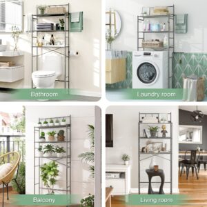 MallCreaty Over The Toilet Storage, 3 Tier Bathroom Organizer Shelf with X-Shaped Bar, Above Toilet Storage Rack with 4 Hooks, Grey