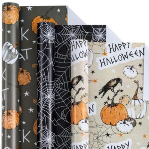 lezakaa halloween wrapping paper roll - mini roll - spooky design with pumpkins, ravens, spider webs for gift wrap, diy craft - 17 x 120 inches - 3 rolls (42.5 sq.ft.ttl.)