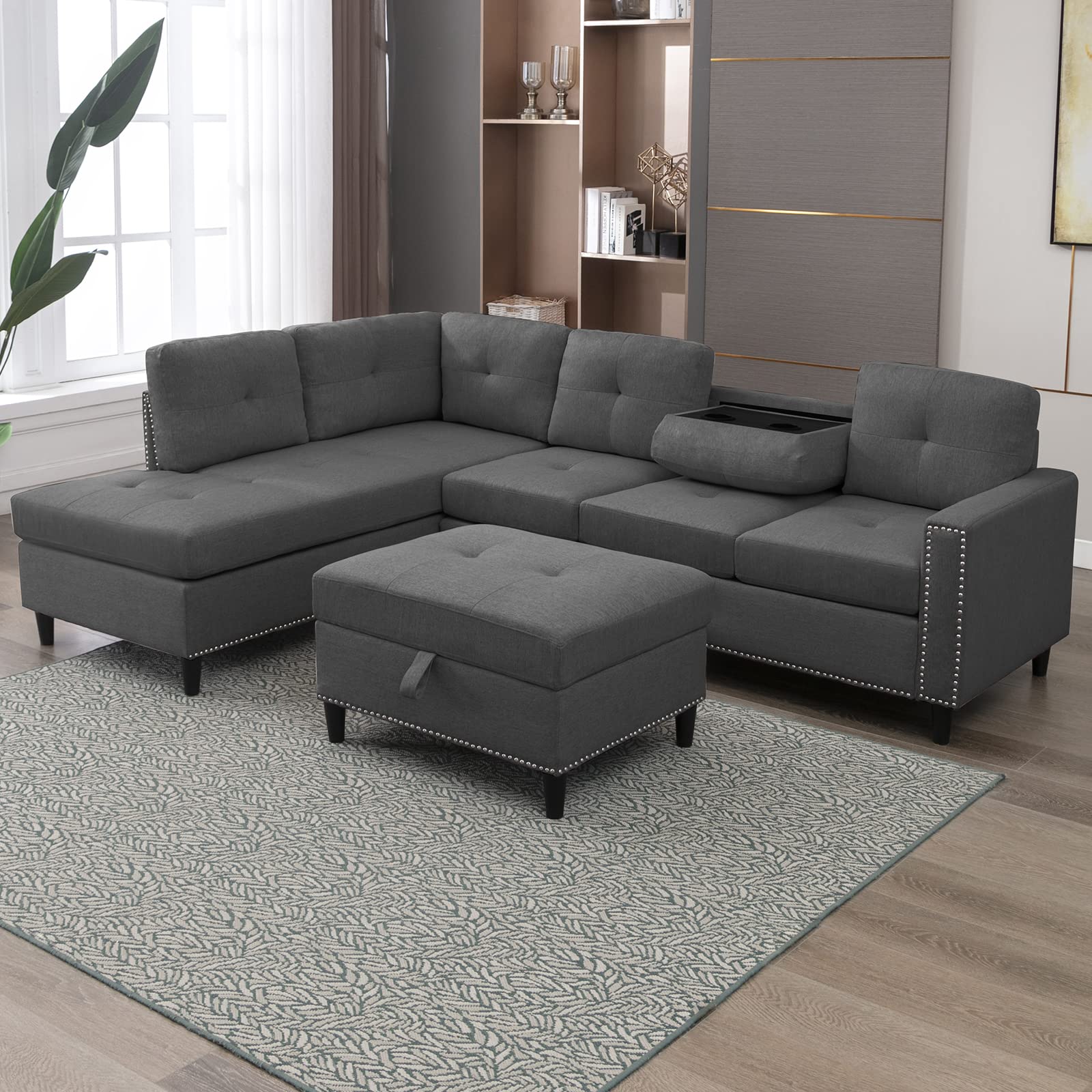 PUREMIND Modular Sectional Sofa, Convertible L Shaped Sectional Couches with Reversible Storage Ottoman for Living Room, Linen 5 Seats U Shaped Sofa Sleeper with Cup Holder (Dark Grey)