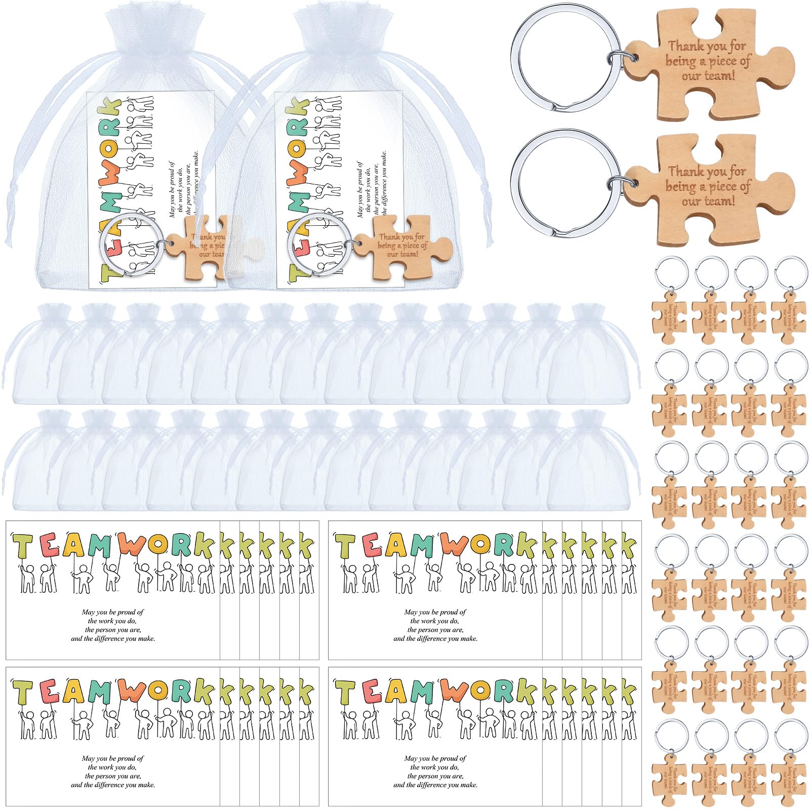 Ecation 24 Sets Team Gifts for Coworker Wooden Puzzle Keychains Inspirational Keychain Thank You for Being a Piece of Our Team Inspirational Cards Team Appreciation Gifts for Employee Staff