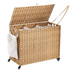 laundry hamper with wheels, 52.8 gallon(200l) rolling laundry basket with lid, 3-section rattan clothes hamper with 3 removable liner & 3 mesh laundry bags, laundry sorter with side pocket, natural