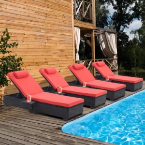 soarflash wicker chaise lounge set of 4, outdoor patio lounge recliner chair with adjustable backrest,side shelf for garden yard poolside,red