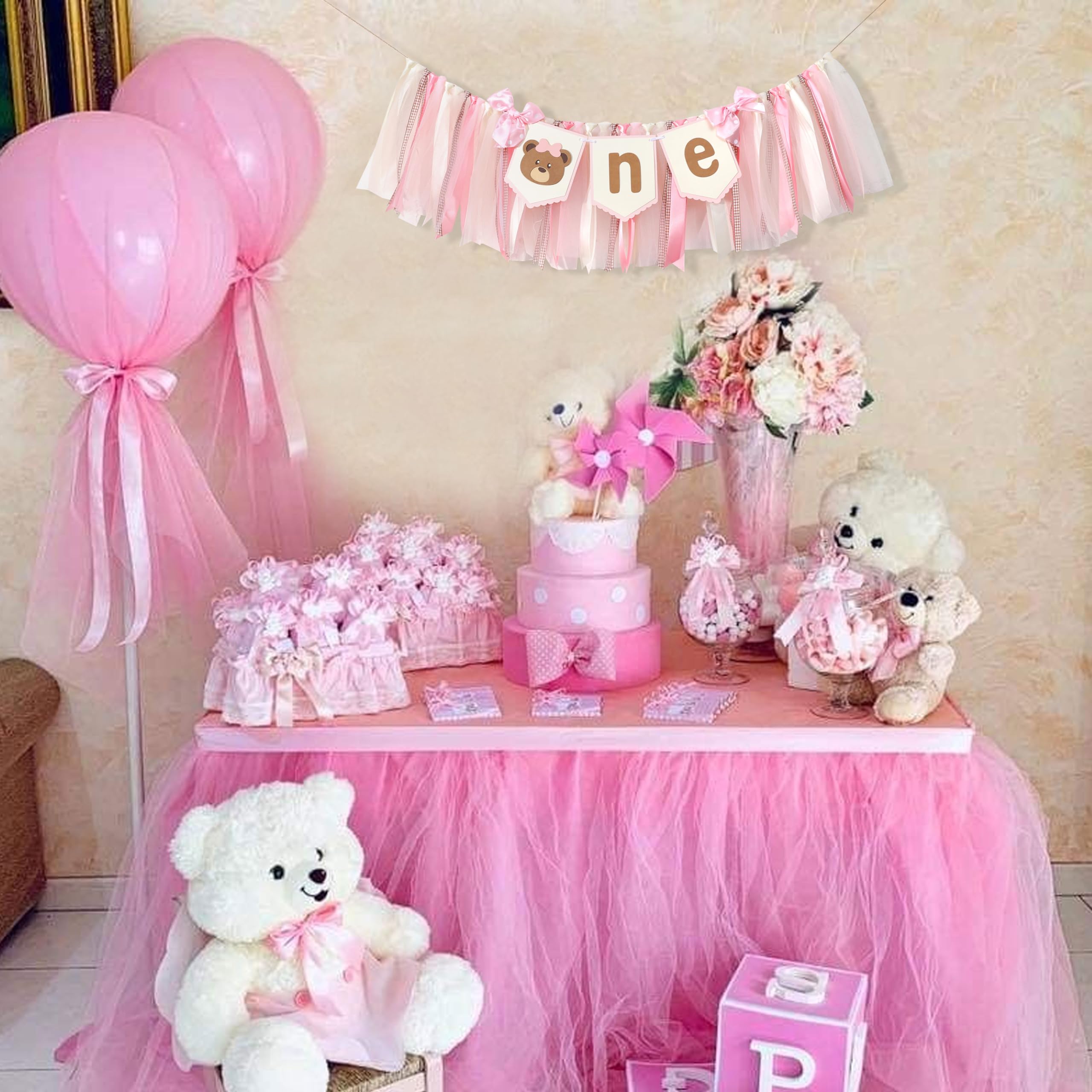 Bear Pink Ribbon One Highchair Banner - Girls 1st Birthday Party Decorations,Teddy Bear First Birthday High Chair Banner, One Woodland Camping Party Banner, Princess Bear 1st Birthday Photo Prop