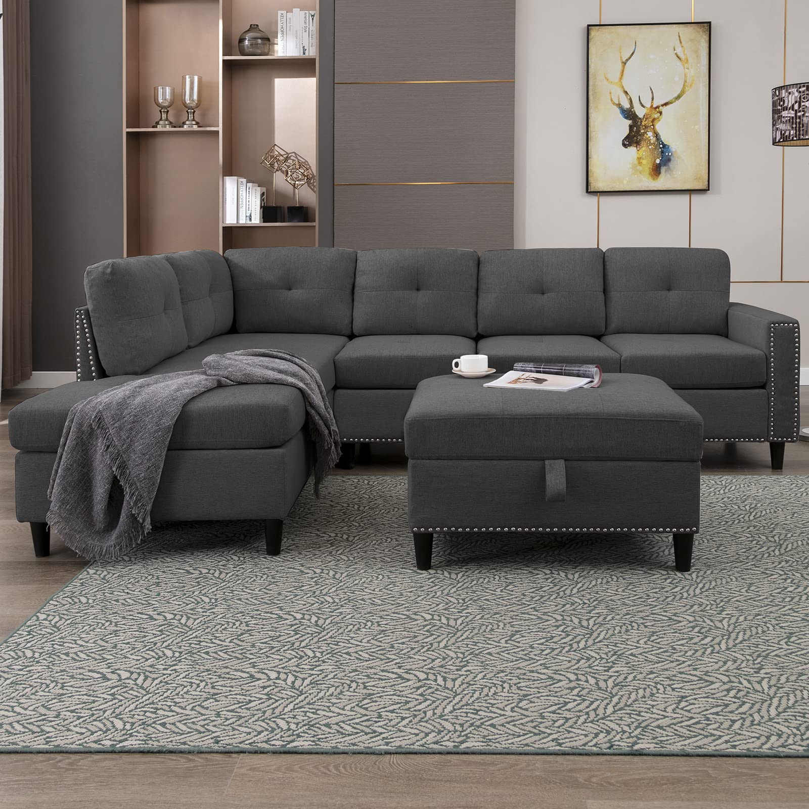 PUREMIND Modular Sectional Sofa, Convertible L Shaped Sectional Couches with Reversible Storage Ottoman for Living Room, Linen 5 Seats U Shaped Sofa Sleeper with Cup Holder (Dark Grey)