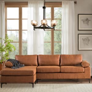 pouuin 100" faux leather convertible sectional sofa couches for living room,3 seater l shaped sofa couch with reversible chaise,mid-century modern comfy deep seat sofa (brown,suede fabric)