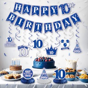 Vicycaty PRE-STRUNG 10th Birthday Decorations for Boys Girls, Happy 10th Birthday Banner Hanging Swirls Honeycomb Centerpieces Blue, 10 Years Old Birthday Party Photo Booth Backdrop Decor Supplies