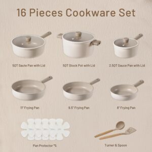 CAROTE 16pcs Pots and Pans Set Non Stick, Nonstick Kitchen Cookware Sets, Induction Cookware Sets with Stay-Cool Handle, Beige and Taupe