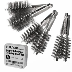 vouyar 6pcs copper tube pipe cleaner for fittings, 1/2” 3/4” 1” pipe cleaning brush set, stainless steel wire bore brushes for power drill, 1/4 inch hex shank