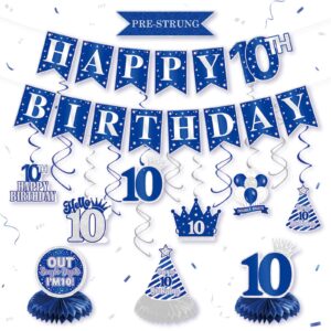 vicycaty pre-strung 10th birthday decorations for boys girls, happy 10th birthday banner hanging swirls honeycomb centerpieces blue, 10 years old birthday party photo booth backdrop decor supplies