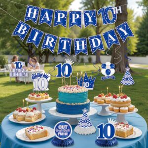 Vicycaty PRE-STRUNG 10th Birthday Decorations for Boys Girls, Happy 10th Birthday Banner Hanging Swirls Honeycomb Centerpieces Blue, 10 Years Old Birthday Party Photo Booth Backdrop Decor Supplies