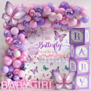 butterfly baby shower decorations for girls a little butterfly is on the way party backdrop butterfly cake toppers stickers pink purple balloons baby boxes for girl birthday baby shower decor