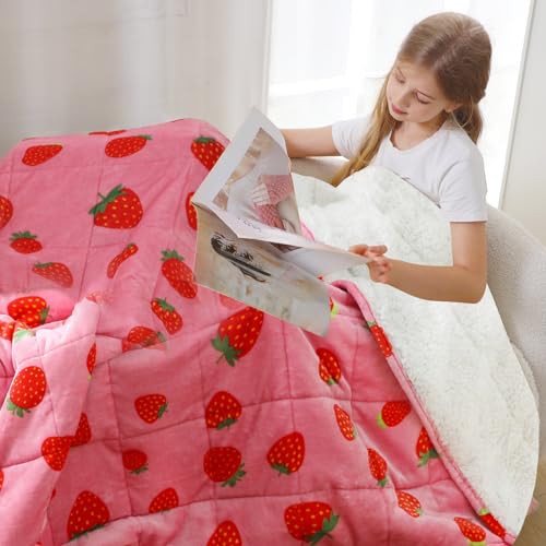 Aemicion Kids Weighted Blanket 7 pounds Twin Size 41"x 60",Soft Sherpa Fleece Heavy Blanket for Sleeping Perfect for 60-90lbs, Cute Strawberry Pink Weighted Throw balnket as Gifts for Daughter Girls