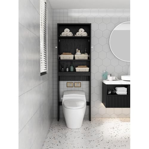 Nicemoods Bathroom Over The Toilet Storage Cabinet, 77'' Taller Bathroom Organizer Shelf Space-Saving Collect Cabinet with Shelves and Double Doors(Black)