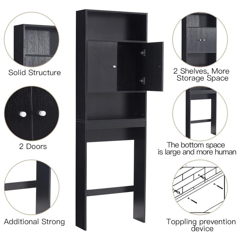 Nicemoods Bathroom Over The Toilet Storage Cabinet, 77'' Taller Bathroom Organizer Shelf Space-Saving Collect Cabinet with Shelves and Double Doors(Black)