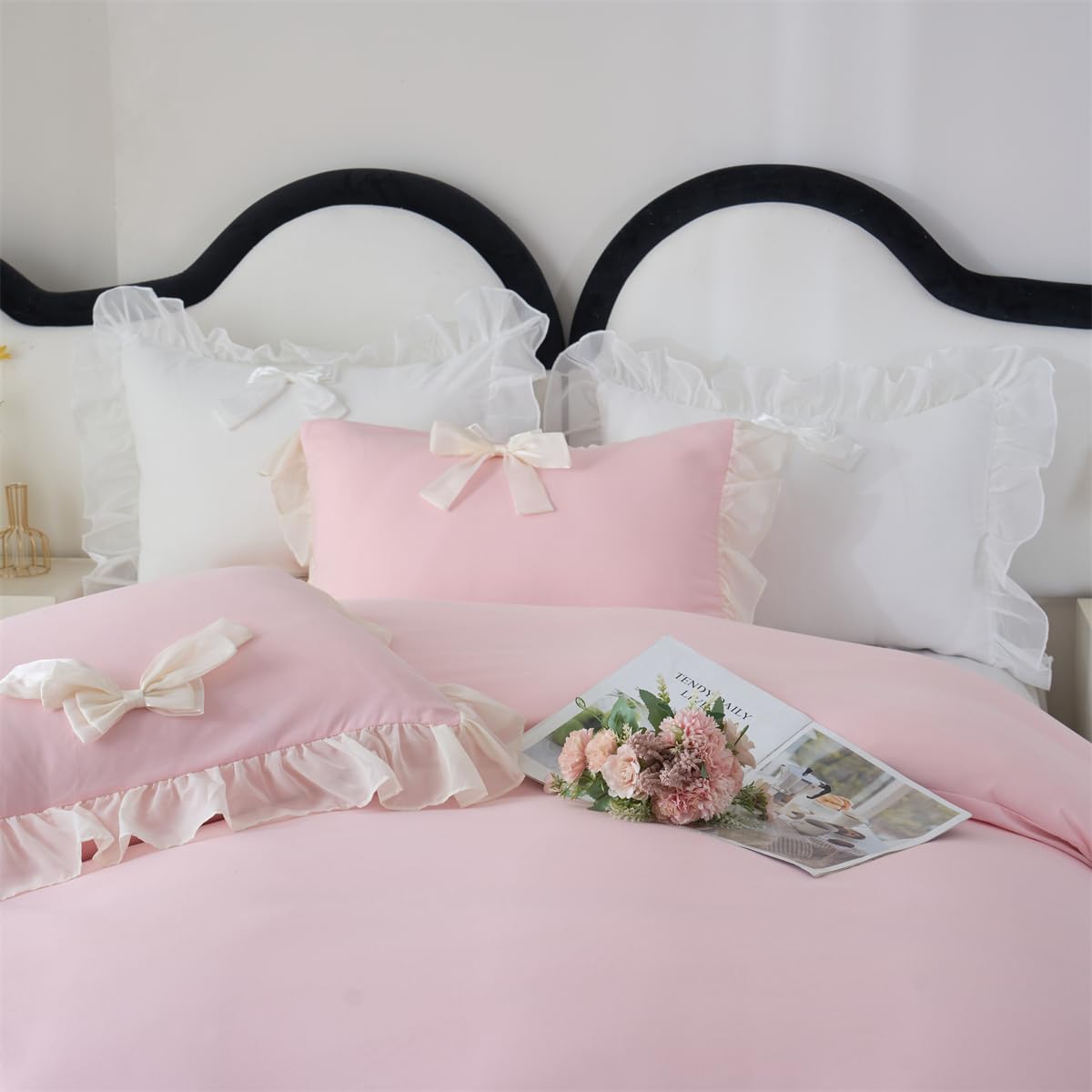 IHOUSTRIY Duvet Cover Queen Size, Ruffle Beddding Set with Bowtie, 3 Pieces Comforter Cover Set with Zipper Closure, Girl Princess Bedding with Pillowcase - Light Pink, Queen