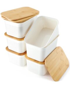 areyzin plastic storage bins with bamboo lids and stackable storage baskets for shelves - organize your home or office with these space-saving storage solution,6 pack,white