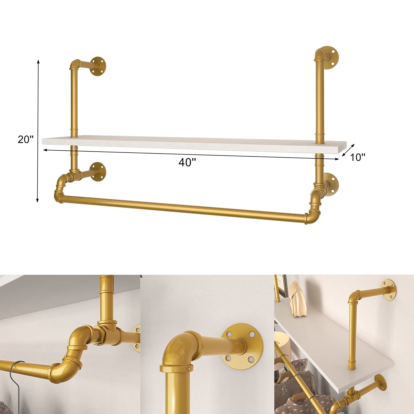 HOMEKAYT Industrial Pipe Clothing Rack Wall Mounted Gold Clothes Rack with Wooden Shelf Vintage Hanging Rack for Bedroom, Living room