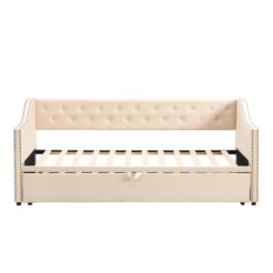 Twin Size Upholstered Daybed with Pop Up Trundle, Twin to King Size Day Bed, Trundle Can Be Flat Or Erected, Extendable Daybed Frame for Kids Teens (Beige-DB)