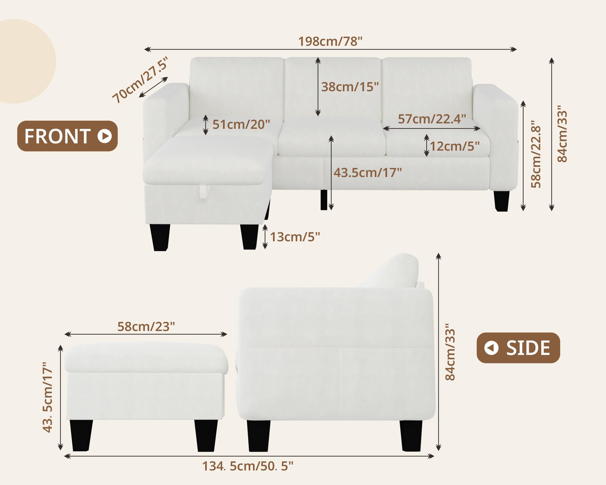 Woyomeub Sectional Sofa Couches for Living Room 78" L Shaped Sofas with Storage Ottoman Small 3 Seater Couch Velvet Fabric, Beige