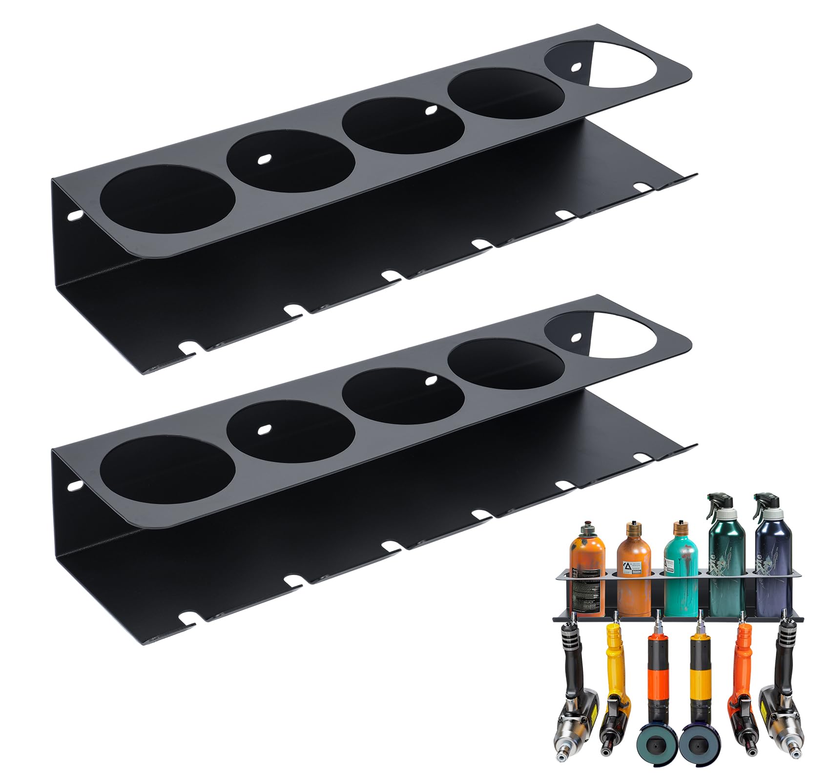 Nisorpa 2 Pack Pneumatic Tool Holder and Aerosol Rack Combo, Wall Mounted Metal Spray Can Bottle Holder Air Tool Organizer Rack for Garages, Workspace and Home, 5 Cans and 6 Slots